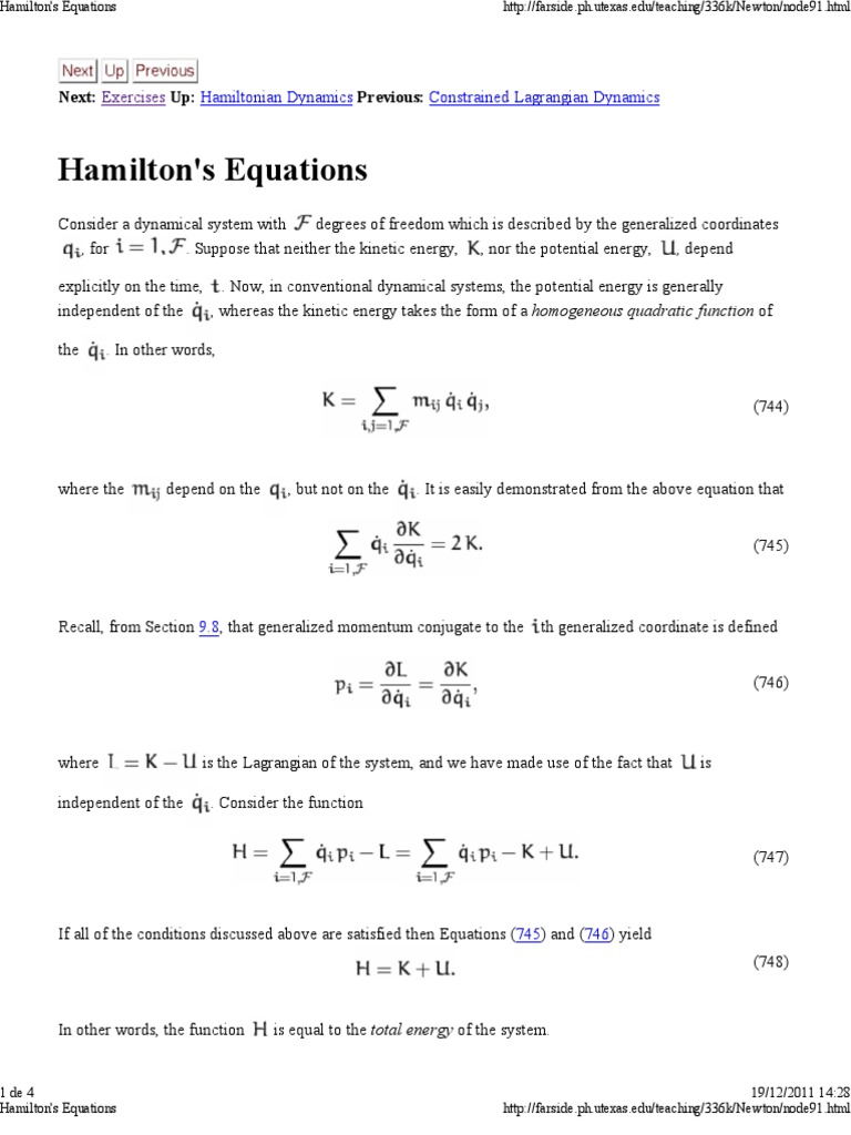 Hamilton's Equations | PDF | Hamiltonian Mechanics | Lagrangian Mechanics