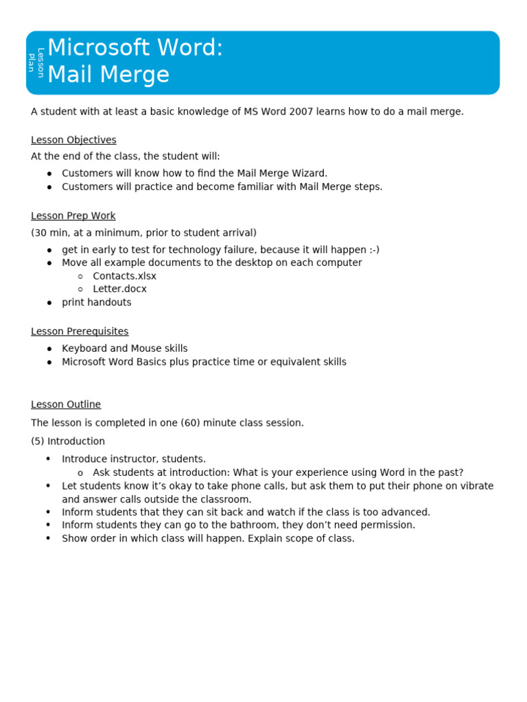 Microsoft Word - Mail Merge Lesson Plan | PDF
