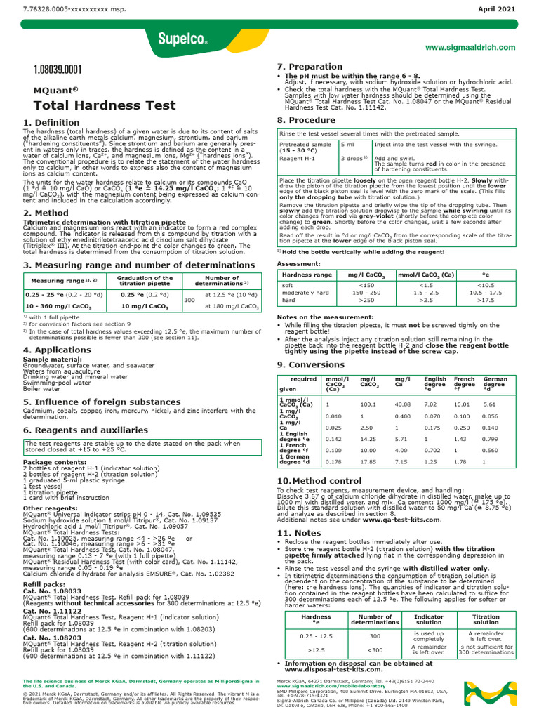 Hardness Test Kit Merck | PDF