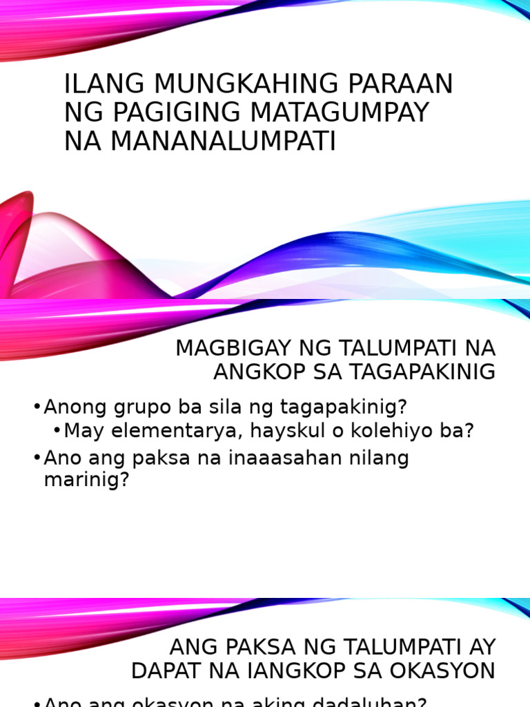 ILANG MUNGKAHING PARAAN NG PAGIGING MATAGUMPAY NA MANANALUMPATI | PDF ILANG MUNGKAHING PARAAN NG PAGIGING MATAGUMPAY NA MANANALUMPATI | PDF