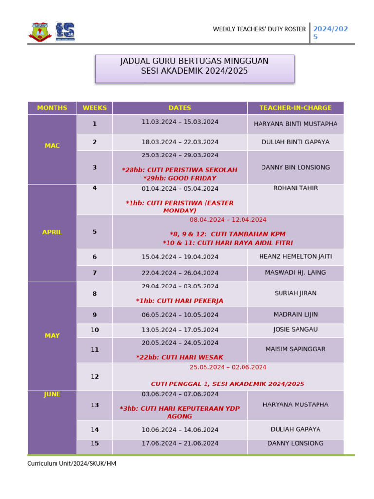 Jadual Bertugas Guru 2024 | PDF