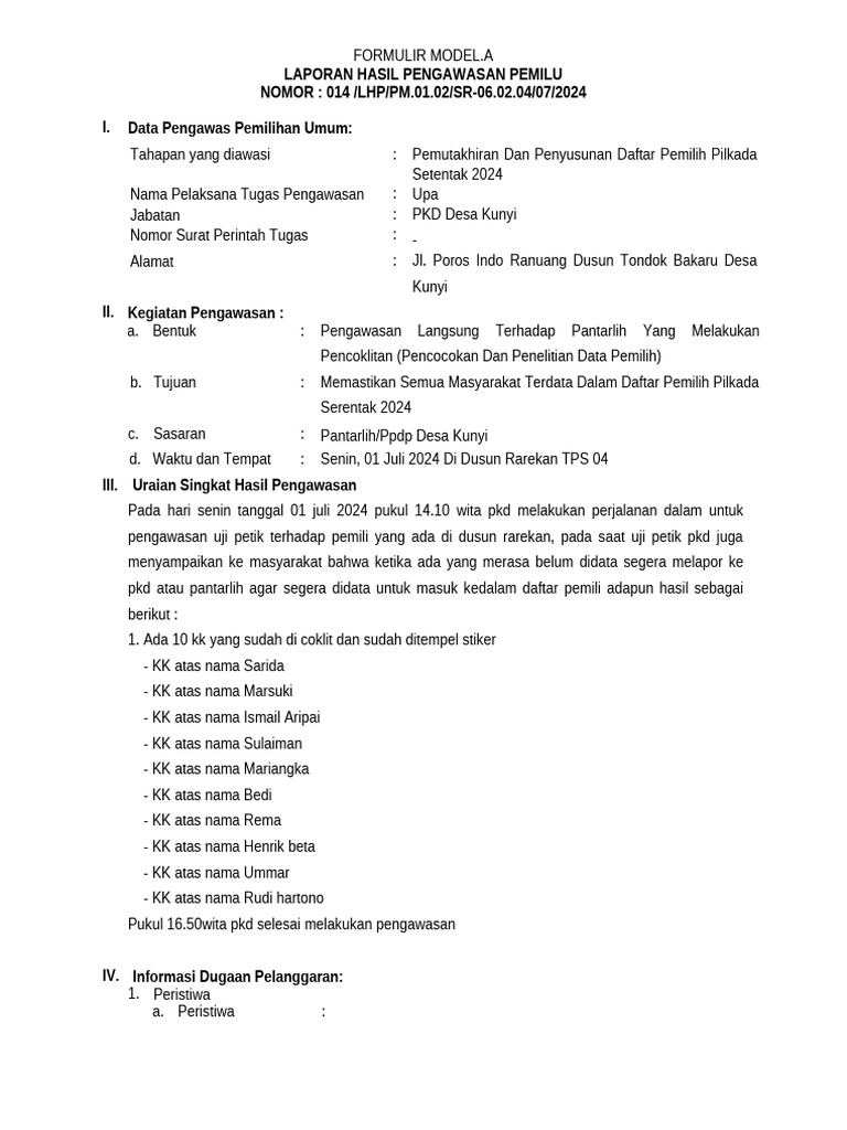 014 Form.A Kunyi 01 Juli 2024 Pengawasan Uji Petik | PDF