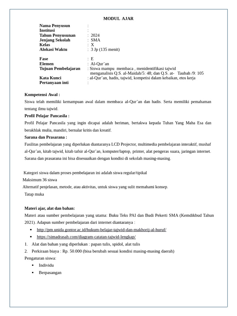 Modul Ajar Pai Sma Kelas X Bab 1 | PDF
