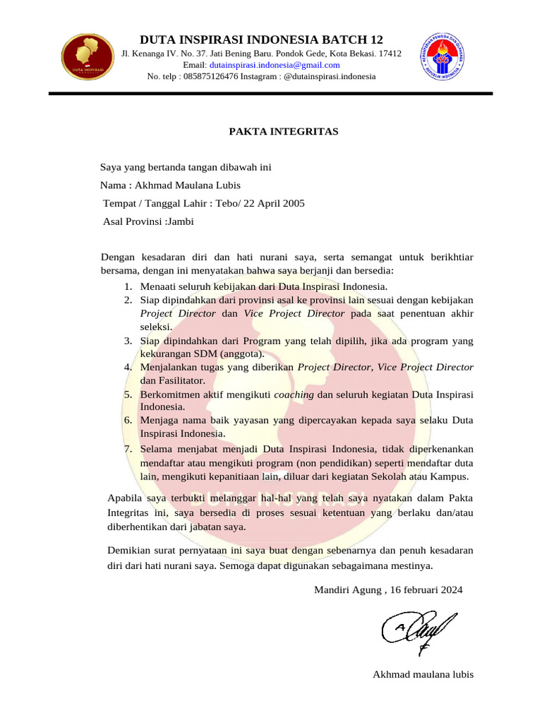 PAKTA INTEGRITAS DUTA INSPIRASI Batch 12 | PDF