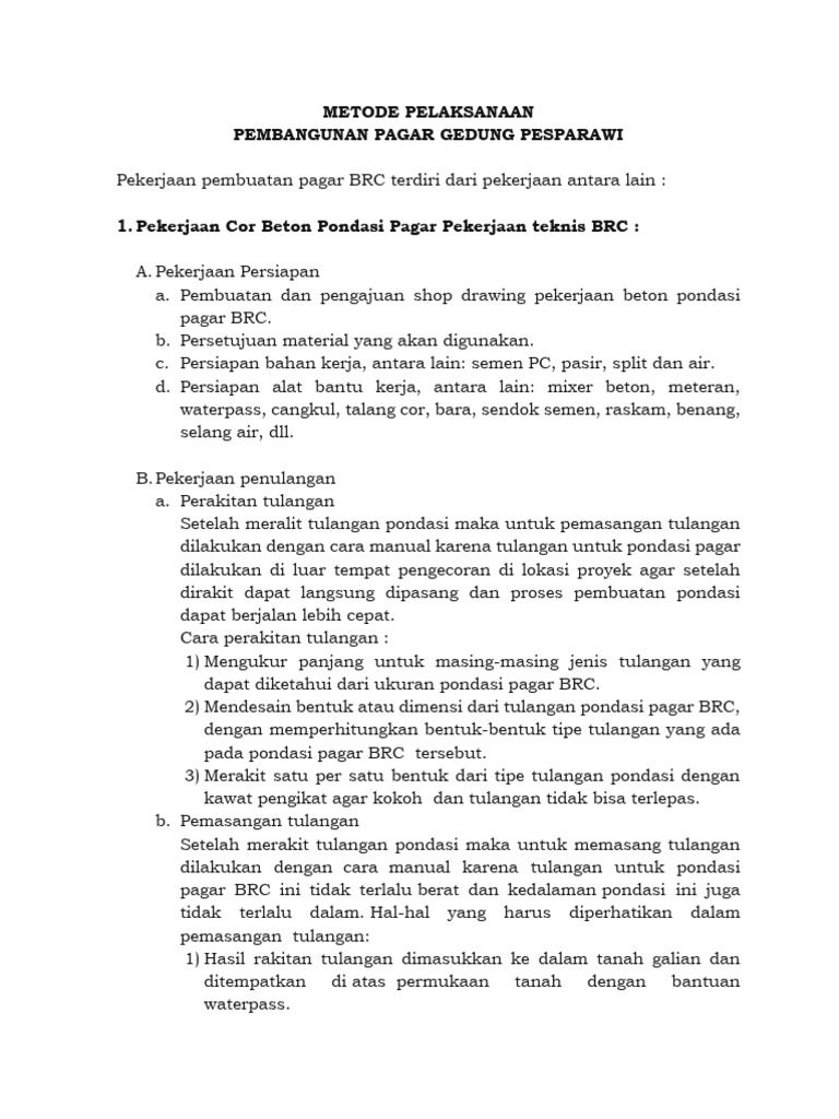 Metode Pelaksanaan Pembangunan Pagar Pesparawi | PDF