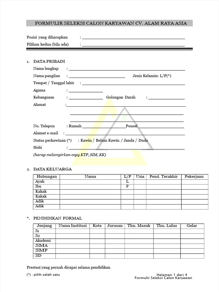 Form Seleksi Calon Karyawan CV. Alam Raya Asia | PDF
