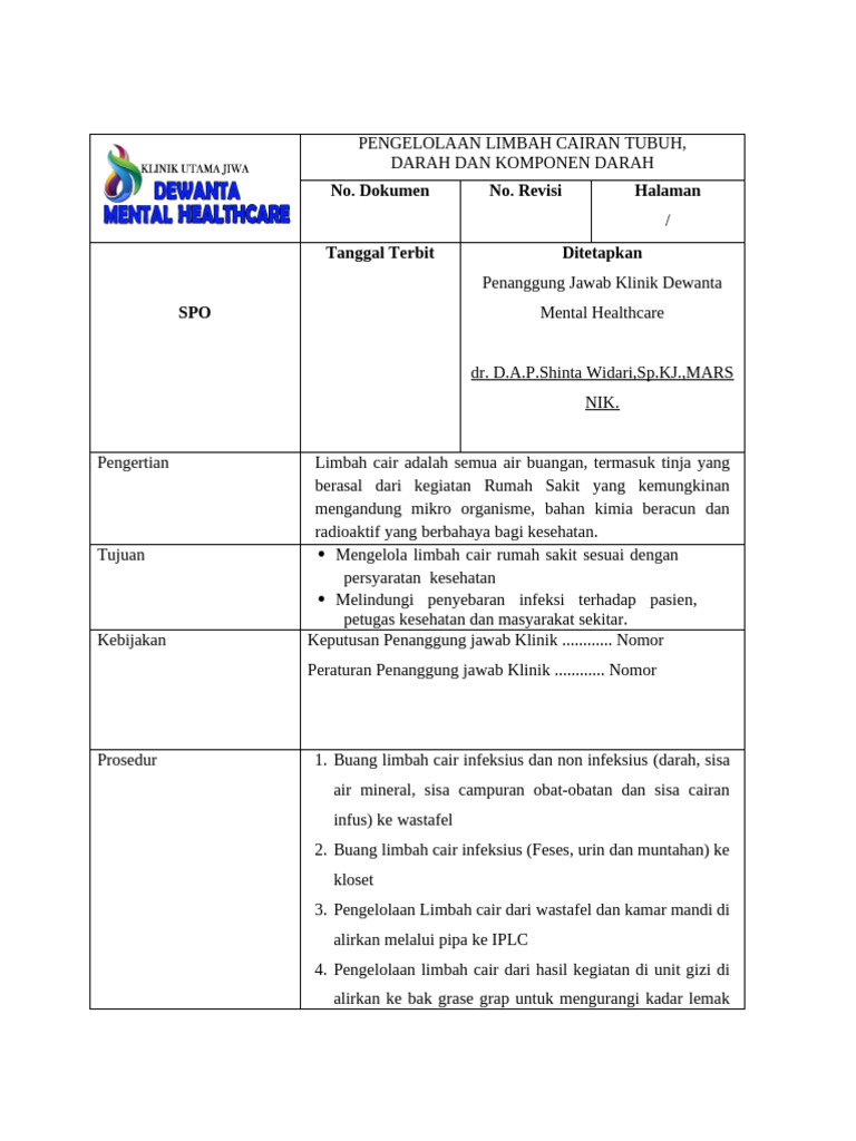 Spo Pengelolaan Limbah Cair DMH | PDF