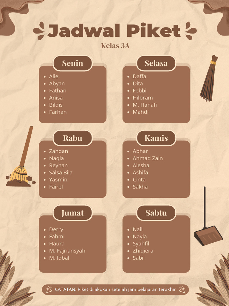 Jadwal Piket Kelas Ilustrasi Estetik Cokelat Dan Krem | PDF
