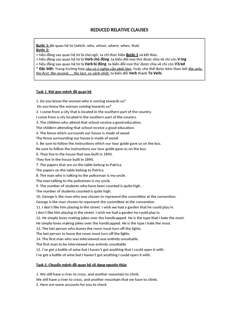 REDUCED RELATIVE CLAUSES - Hu NH Minh Khoa 8T2 | PDF