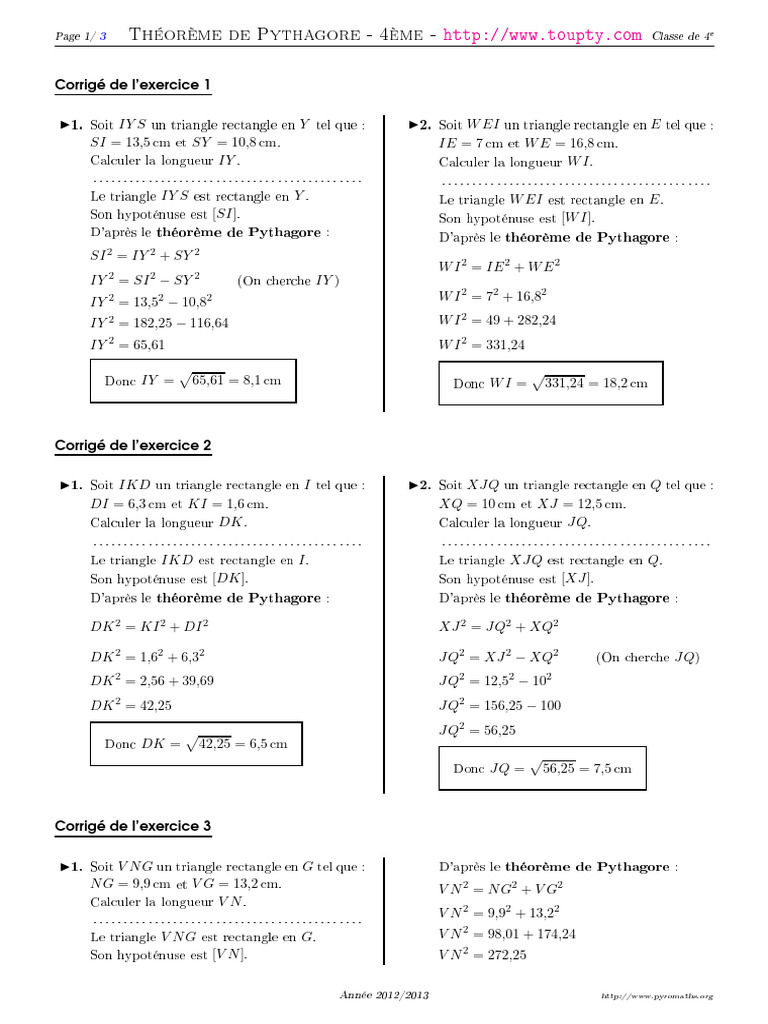 Theoreme Pythagore 1 Corrige | PDF