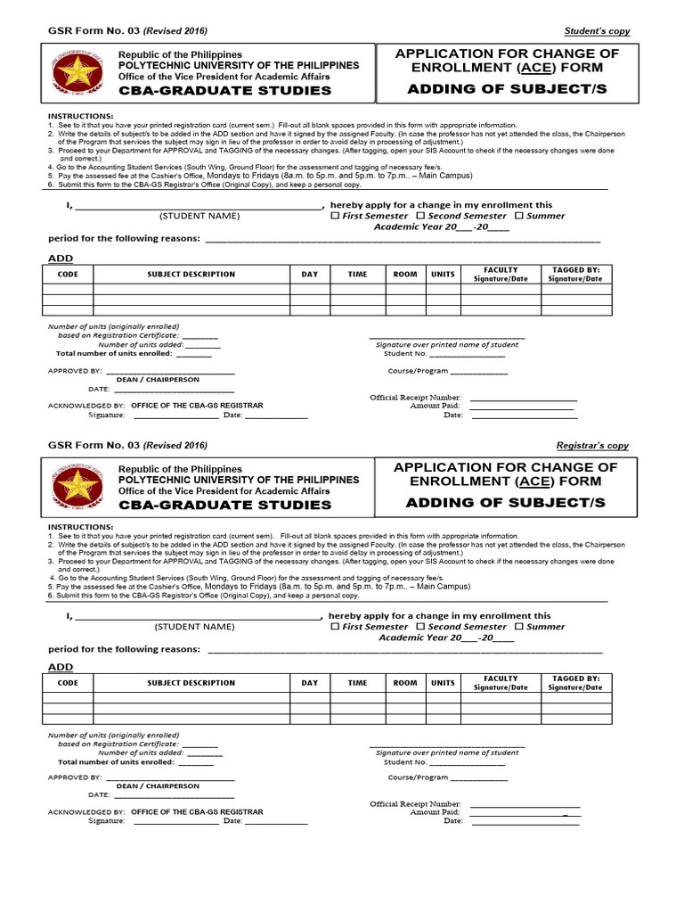 GSR Form No. 02 ACE Form - Adding of Subjects | PDF