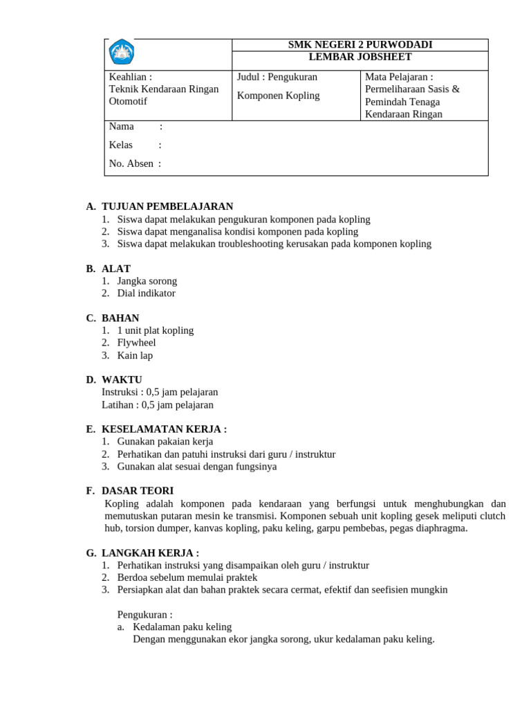Ok Jobsheet Pengukuran Kopling | PDF