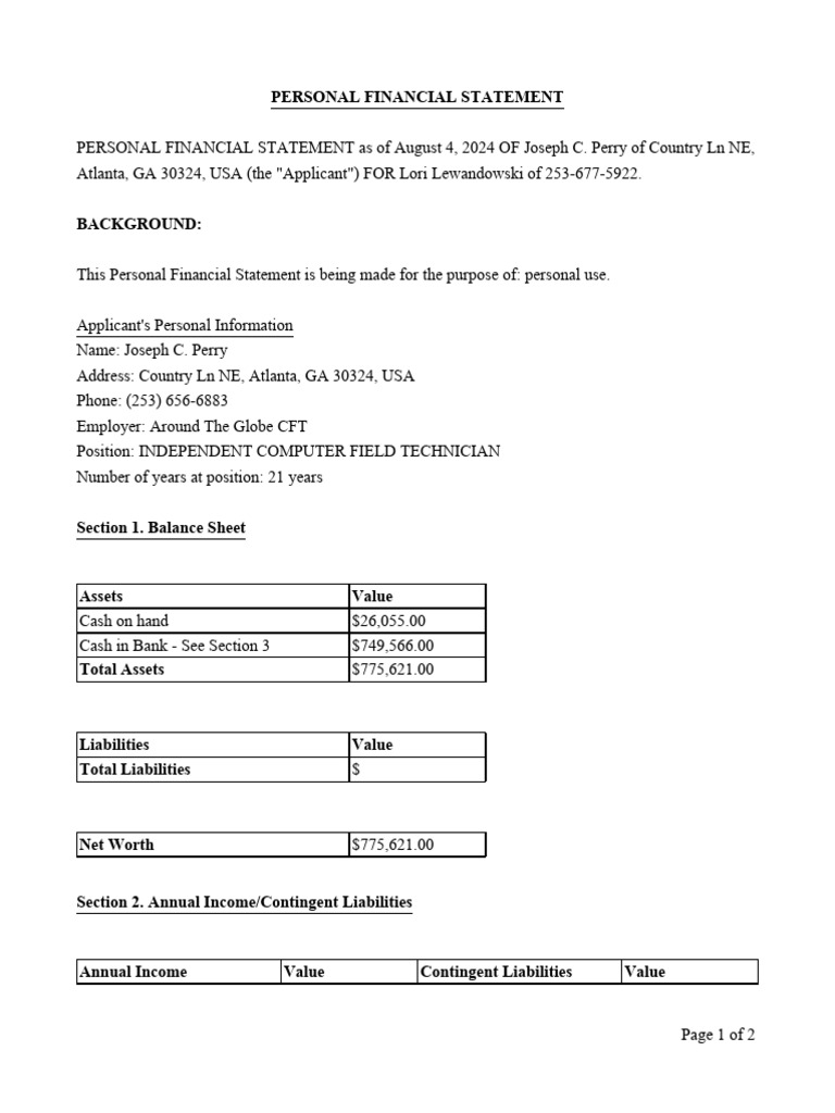 Financial Statement (Personal) | PDF