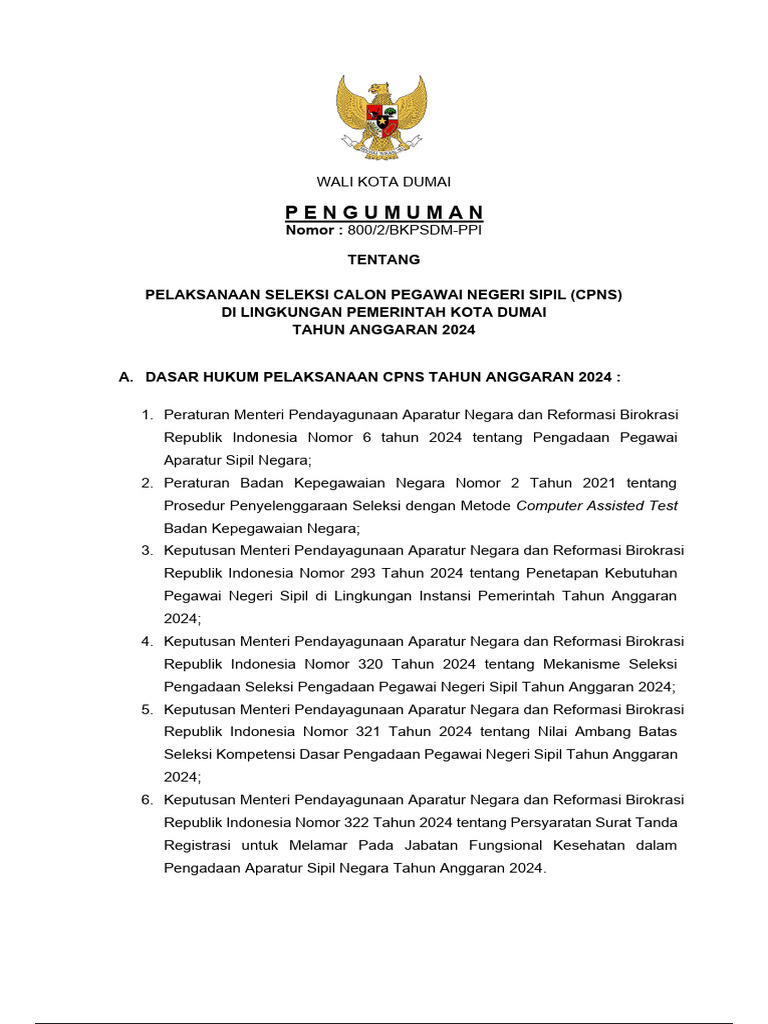 Pelaksanaan Seleksi Calon Pegawai Negeri Sipil (CPNS) Di Lingkungan Pemerintah Kota Dumai T.A ...