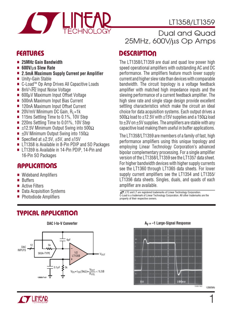 Data Sheet LT 1358 | PDF | Amplifier | Operational Amplifier