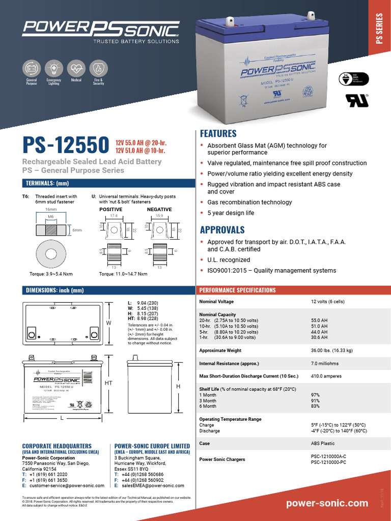 PS-12550 12V 55Ah Battery Datasheet | PDF | Battery Charger | Electricity
