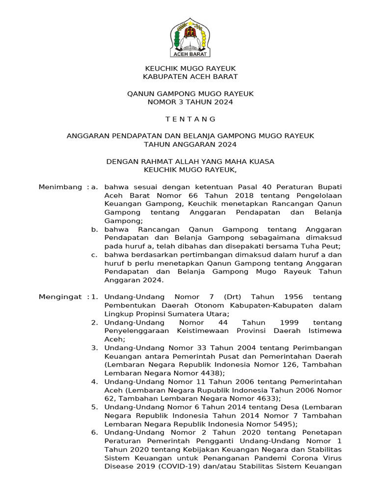 Qanun Apbg 2024 Mugo Rayeuk | PDF