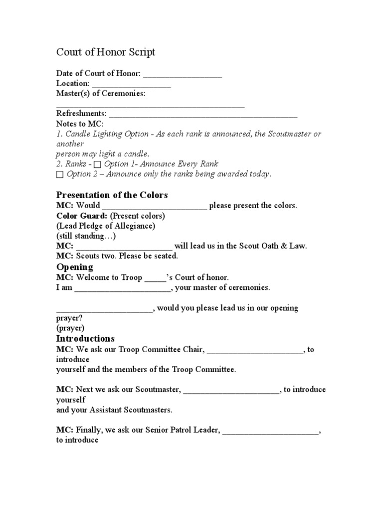 Court of Honor Script | Download Free PDF | Youth Movements | Outdoor ...