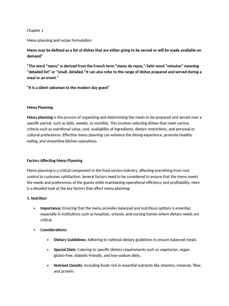 Chapter 1 Menu Planning | PDF