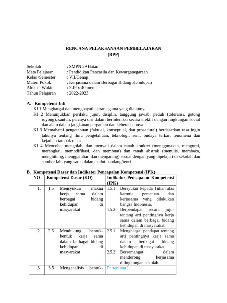 RPP PKN Kls 7 Kerjasama | PDF