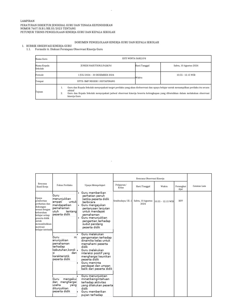Rubrik Observasi Kinerja Guru (Formuir A-D) (2) Esti | PDF