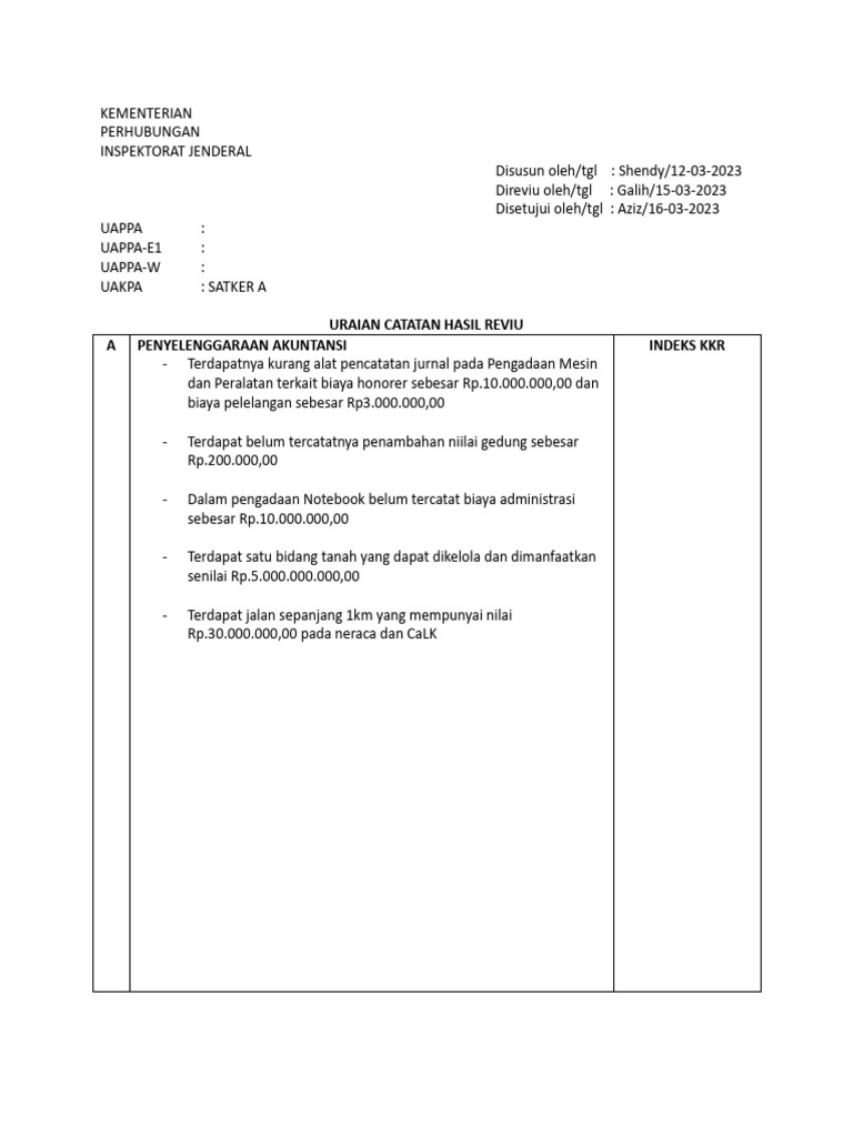 Uraian Catatan Hasil Reviu A Penyelenggaraan Akuntansi Indeks KKR | PDF