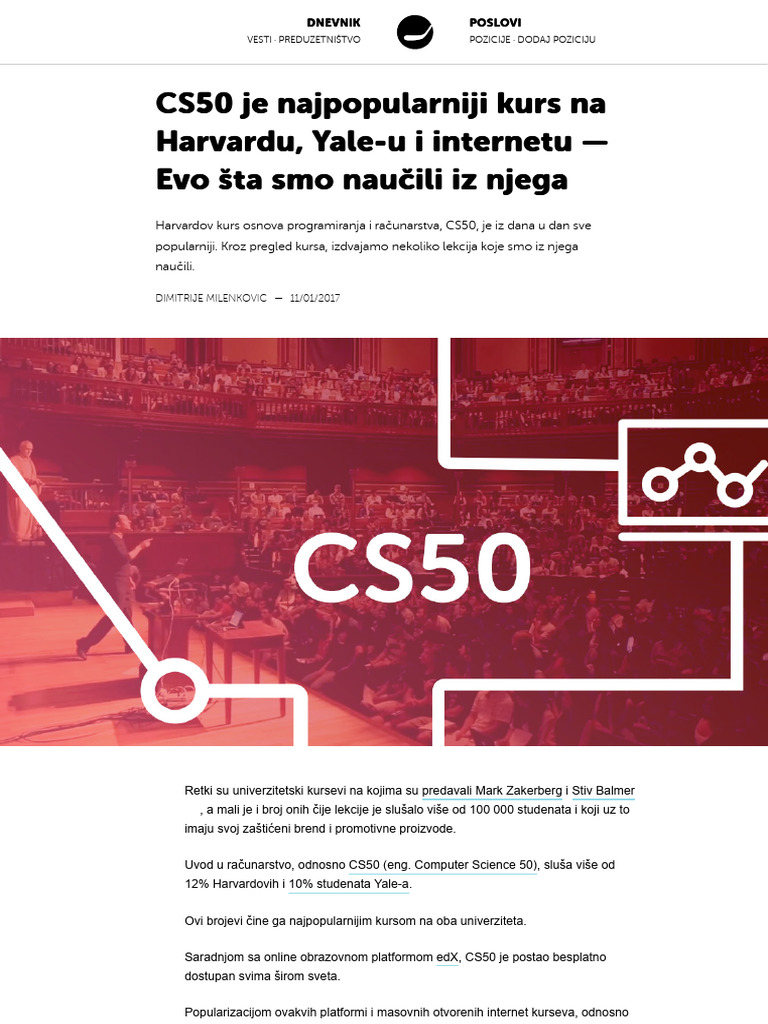 CS50 Je Najpopularniji Kurs Na Harvardu, Yale-U I Internetu - Evo Šta Smo Naučili Iz Njega | PDF