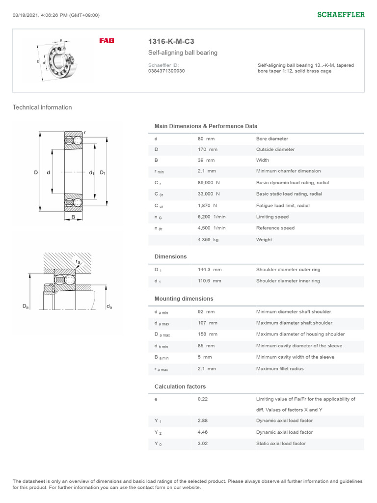 Self-Aligning Ball Bearing: Main Dimensions & Performance Data | PDF
