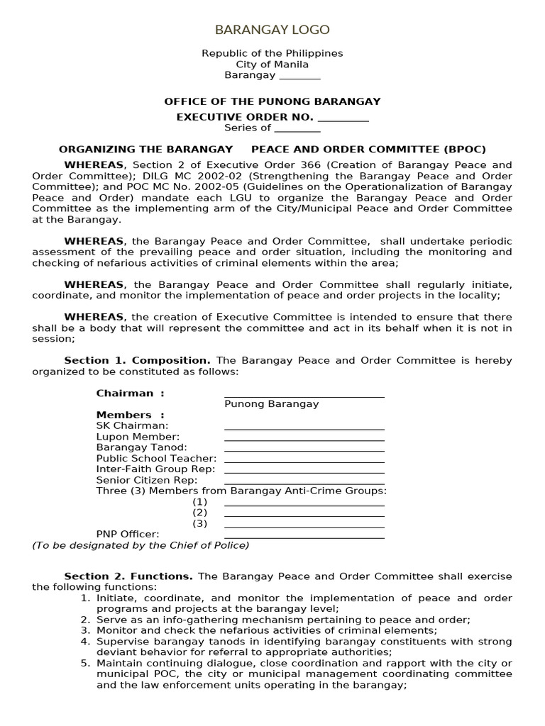 Revised Barangay Peace and Order Committee (BPOC) | PDF