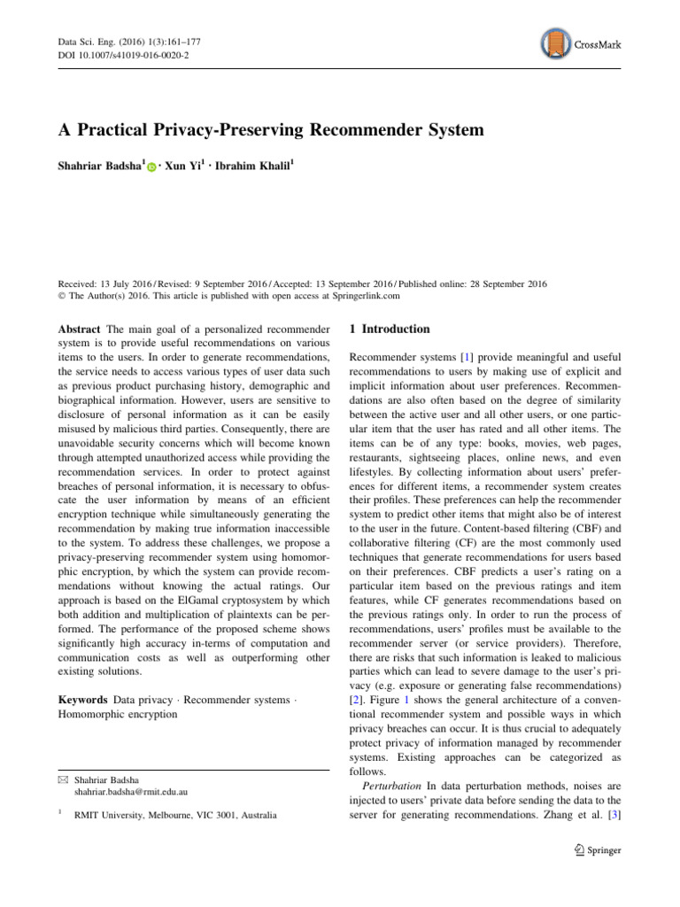 A Practical Privacy-Preserving Recommender System | PDF