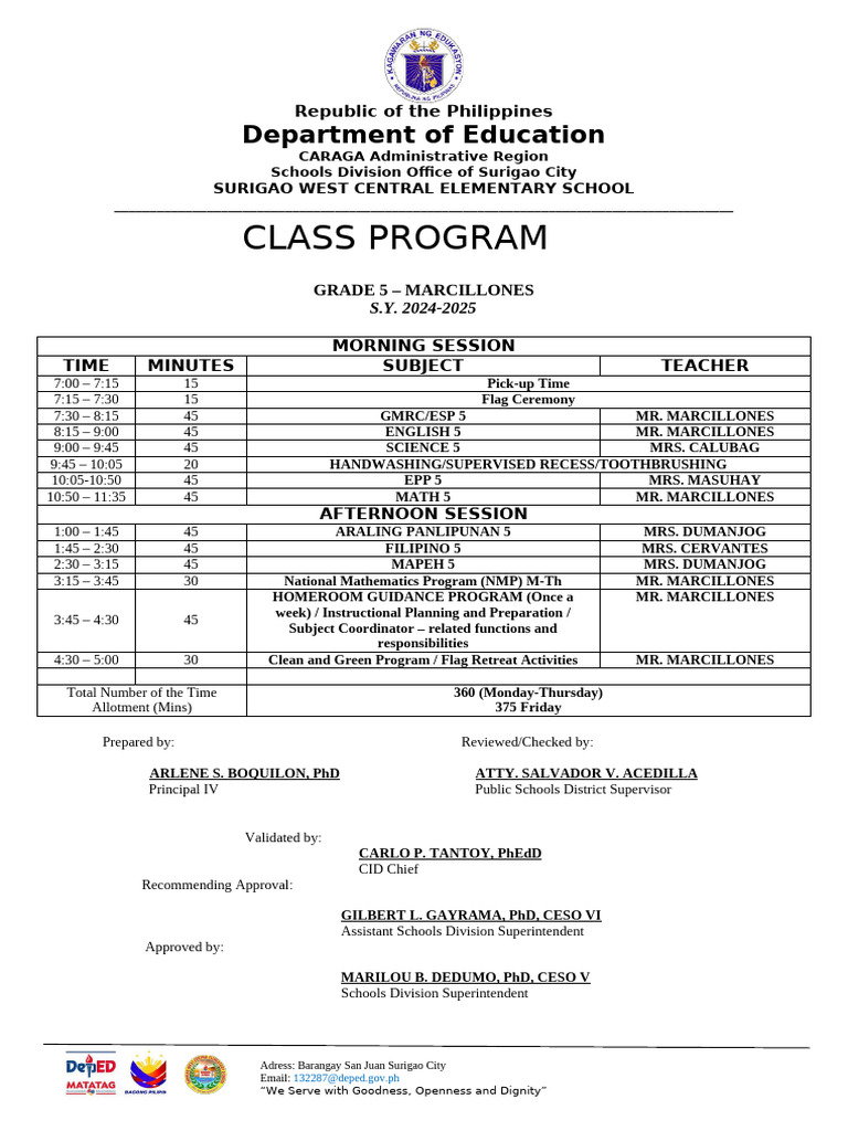 Grade 5 - Individual Class-Program-S.Y-24-25 | PDF