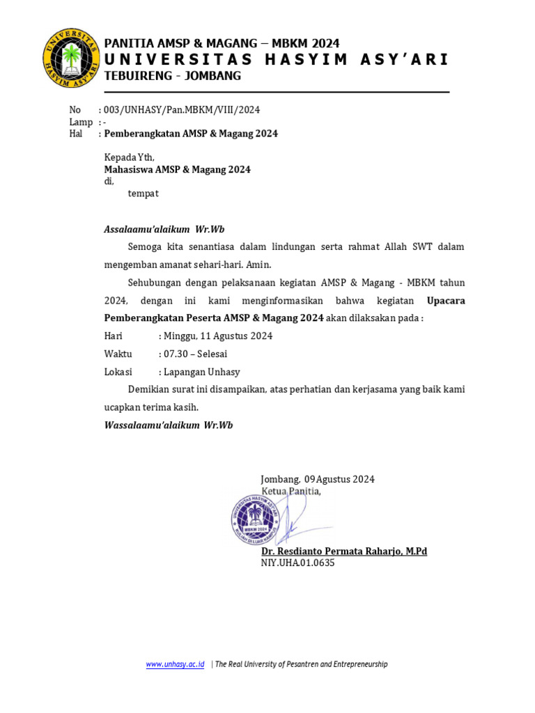 003 - Surat Pemberitahuan Pemberangkatan Mahasiswa AMSP & Magang 2024 ...