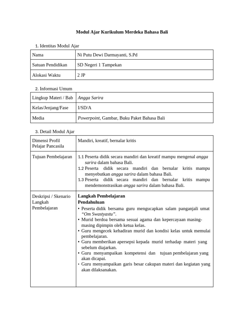 Modul Ajar Bahasa Bali SMT 1 KLS I | PDF | Languages | Foreign Language Studies