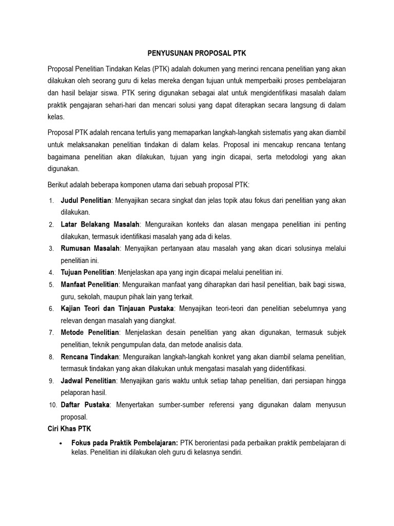 Proposal Penelitian Tindakan Kelas (PTK) Adalah Dokumen Yang Merinci Rencana Penelitian Yang ...