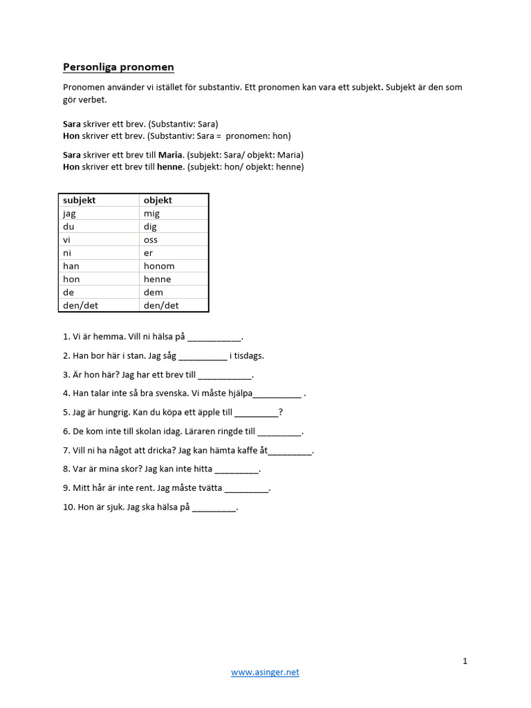 Personliga Pronomen | PDF