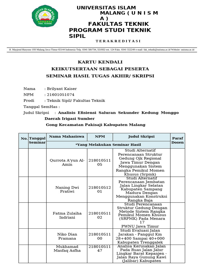 Form SemHas - Kartu Kendali Semhas Tugas Akhir | PDF