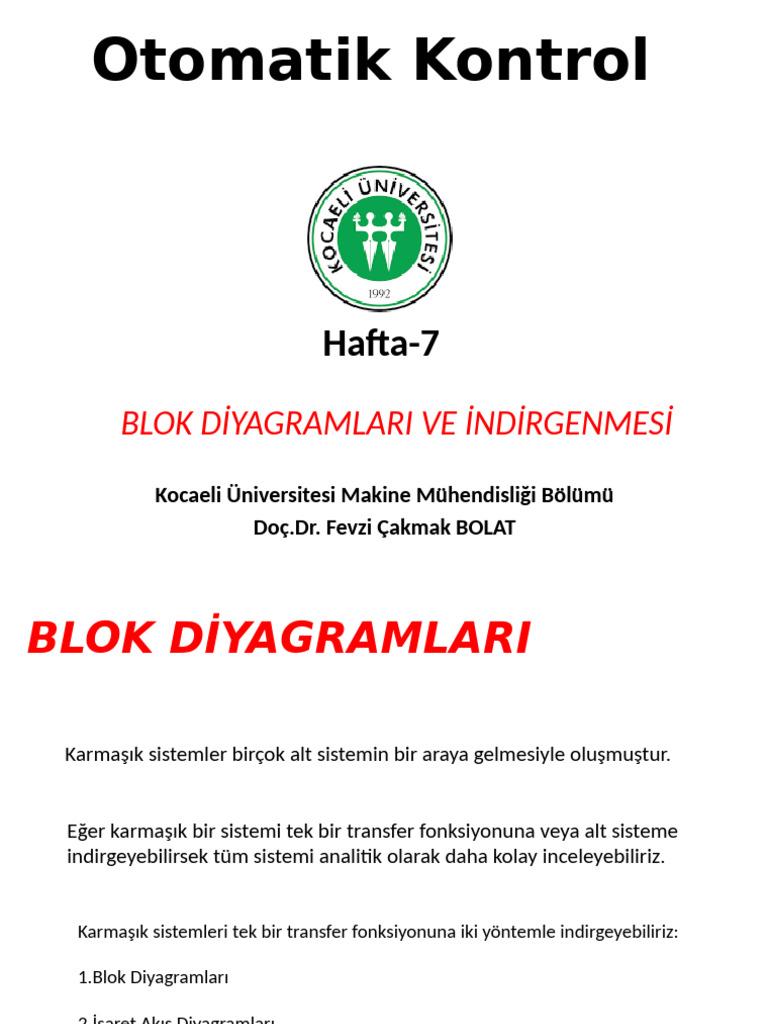Otomatik - Kontrol - Hafta 7 Blok DiagramlarÄ Nä N Ä°ndirgenmesi | PDF