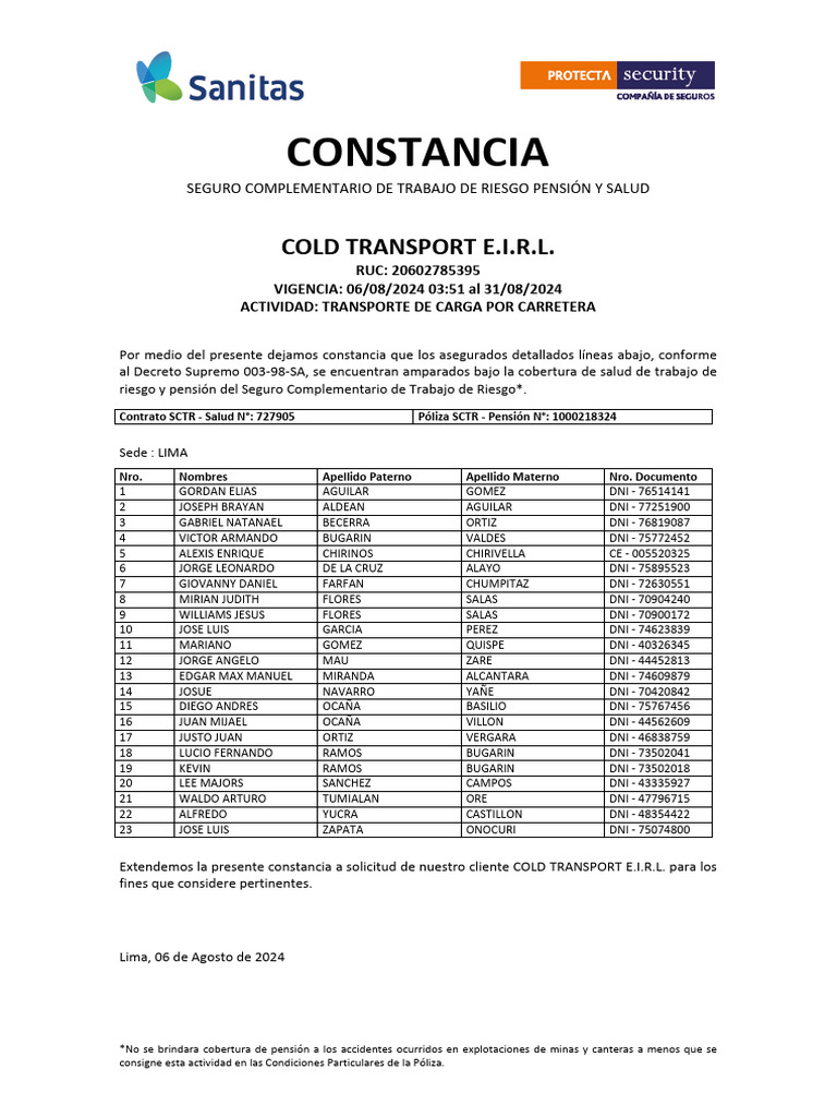 SCTR Agosto Cold Transport 1 | PDF