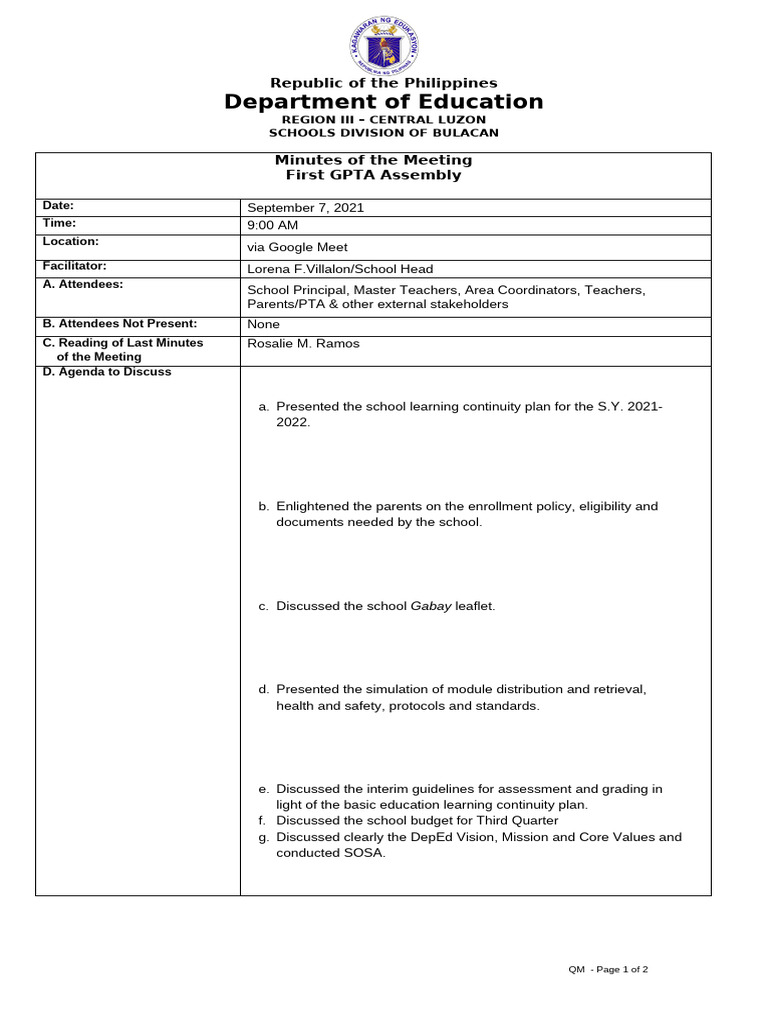 QF-009-Minutes-of-the-Meeting-1ST-GPTA ASSEMBLY | PDF | Wellness
