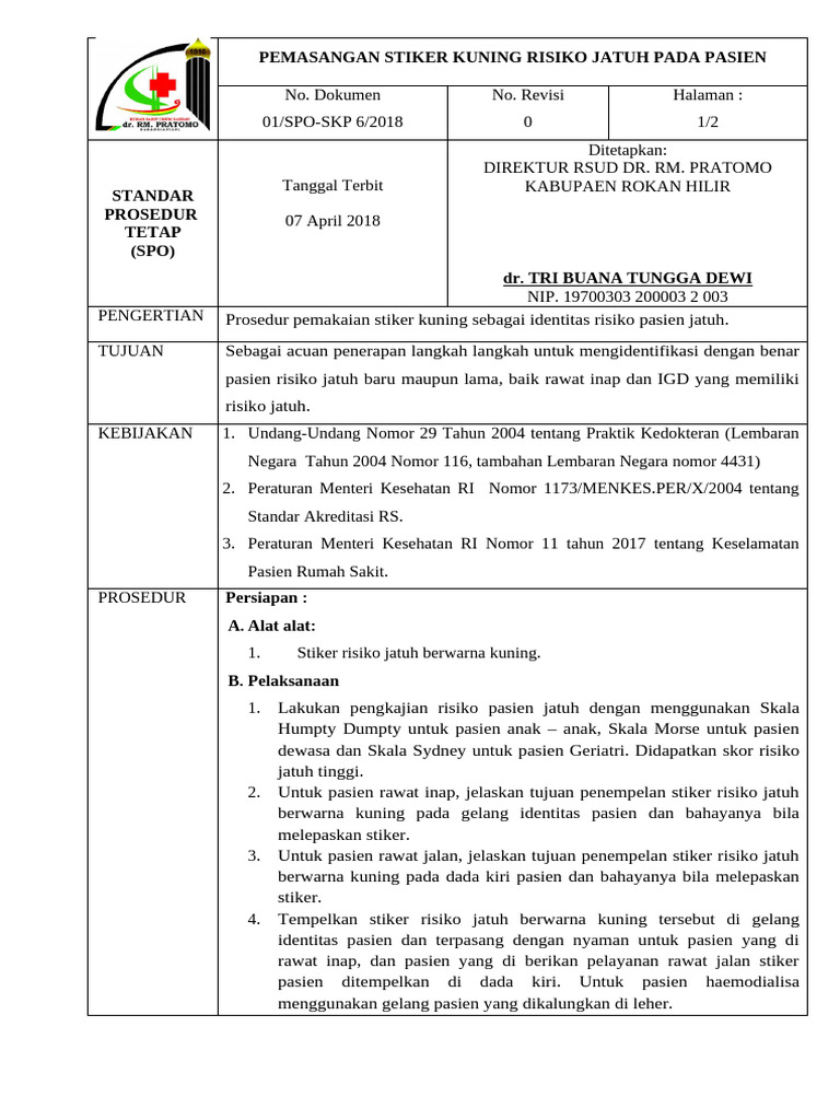 Pemasangan Stiker Kuning Risiko Jatuh Pada Pasien | PDF