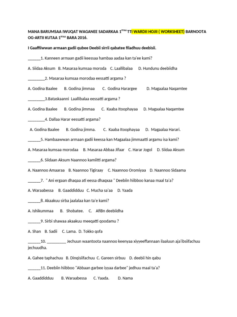 Worksheetii Kutaa 1ffaa | PDF