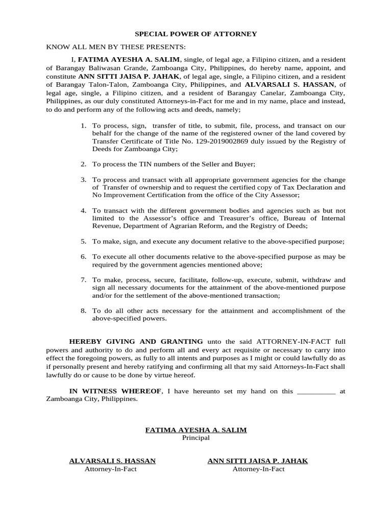 Special Power of Attorney - Fatima Salim | PDF
