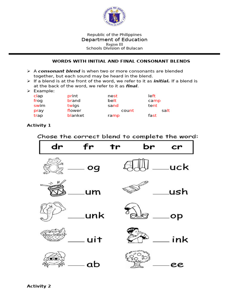 Final and Initial Consonant Blends Worksheet | PDF