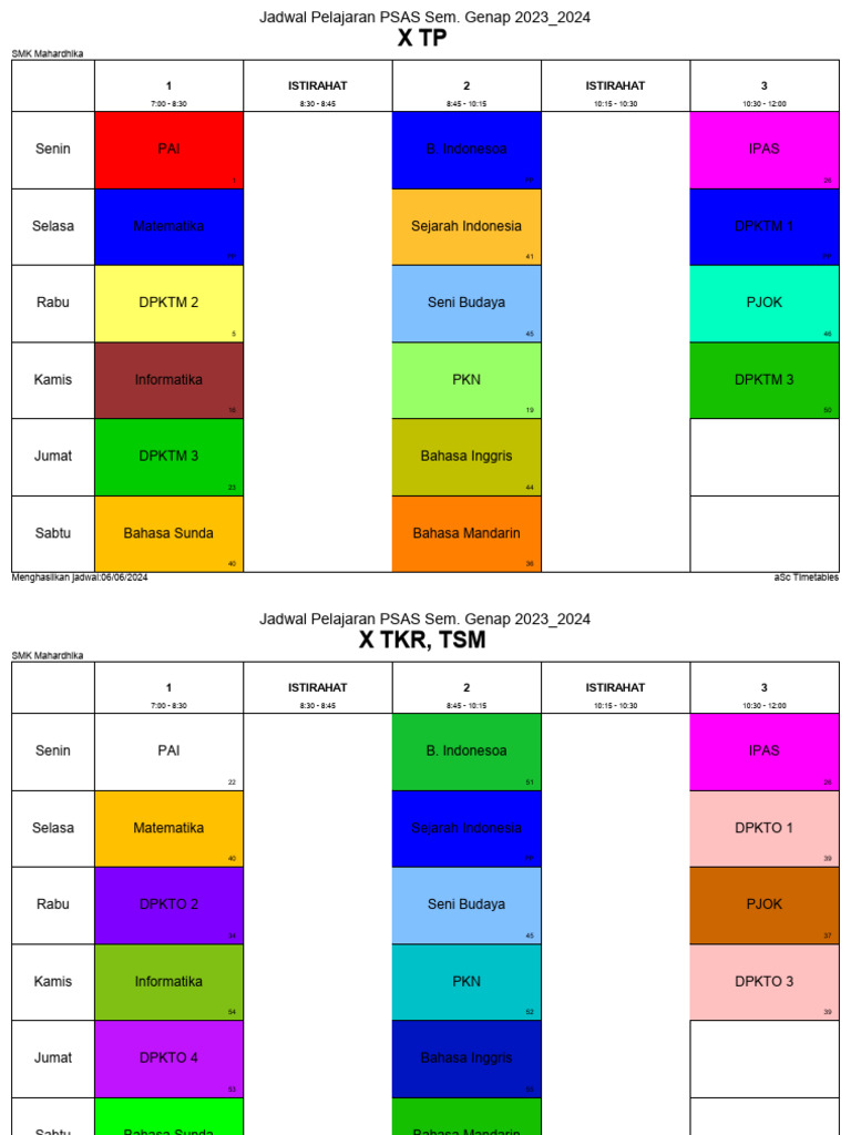 Jadwal Pelajaran PSAS - Sem - Genap - Tahun Ajaran 2023 - 2024 | PDF