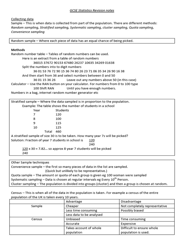 Gcse Statistics Revision Notes | PDF | Sampling (Statistics) | Teaching ...