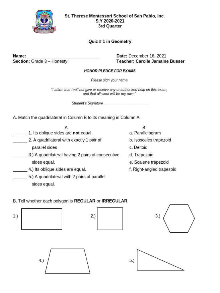 Quiz1 Geom3 3Qt | PDF