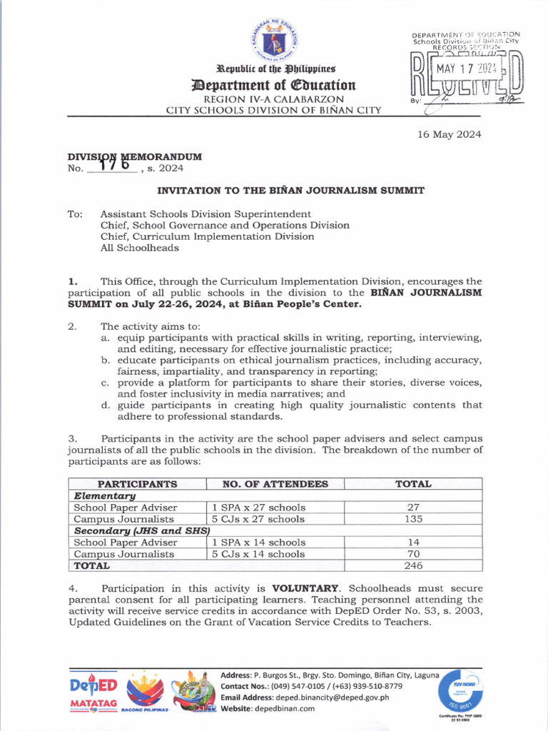 DM No. 176 S. 2024 Invitation To The Biñan Journalism Summit Xwmc6Xe | PDF
