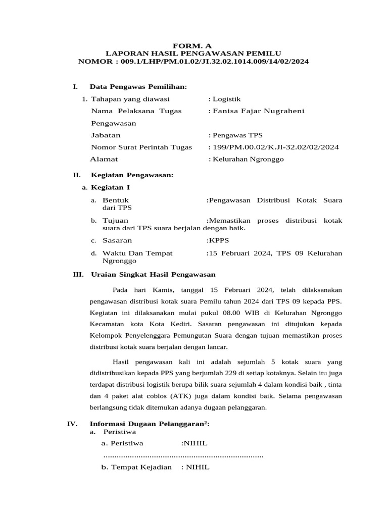 Form A Distribusi - Fanisa Fajar N TPS 009 | PDF | Law