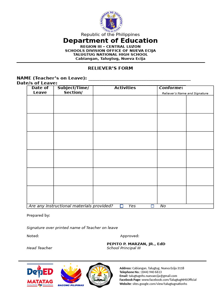 Teacher's RELIEVER Form | PDF