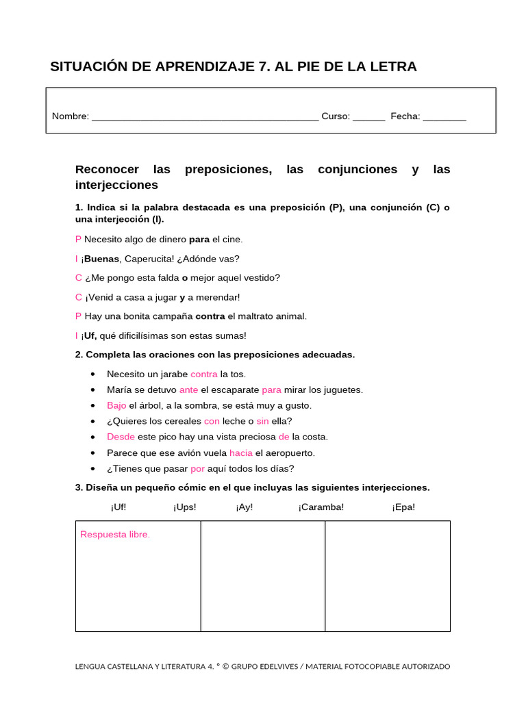 Preposiciones Conjunciones E Interjecciones Solucionario Pdf